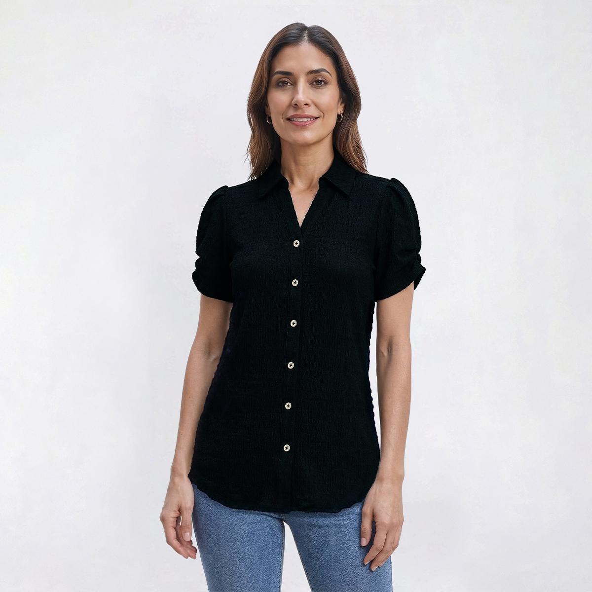 Click here for Petite Kasper Short Pleat Sleeve Button Front Blou... prices